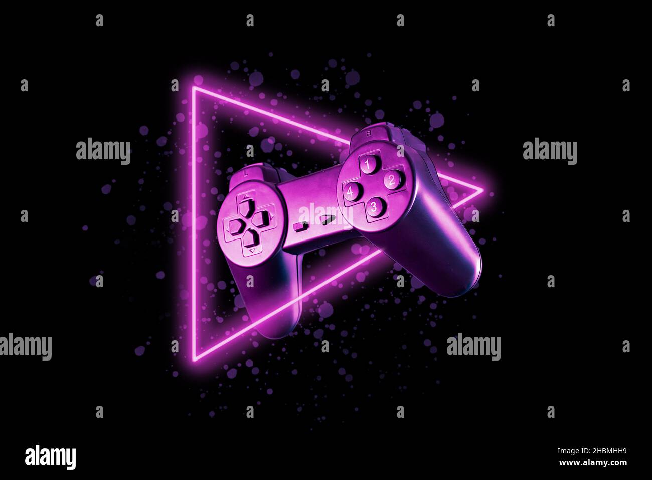 Game console joystick retro style with neon triangle in space. Concept ...