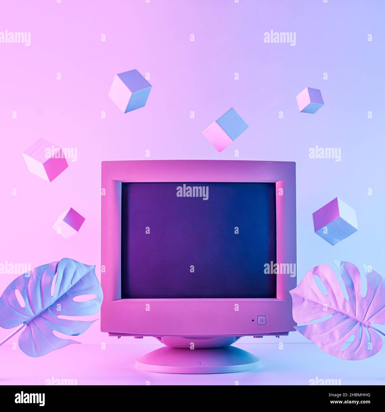 Vaporwave old retro computer like nostalgia tropical monstera and ...
