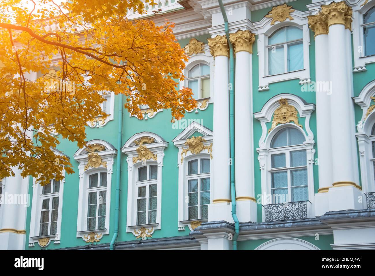 Windows and columns of the Hermitage of the Winter Palace with autumn ...