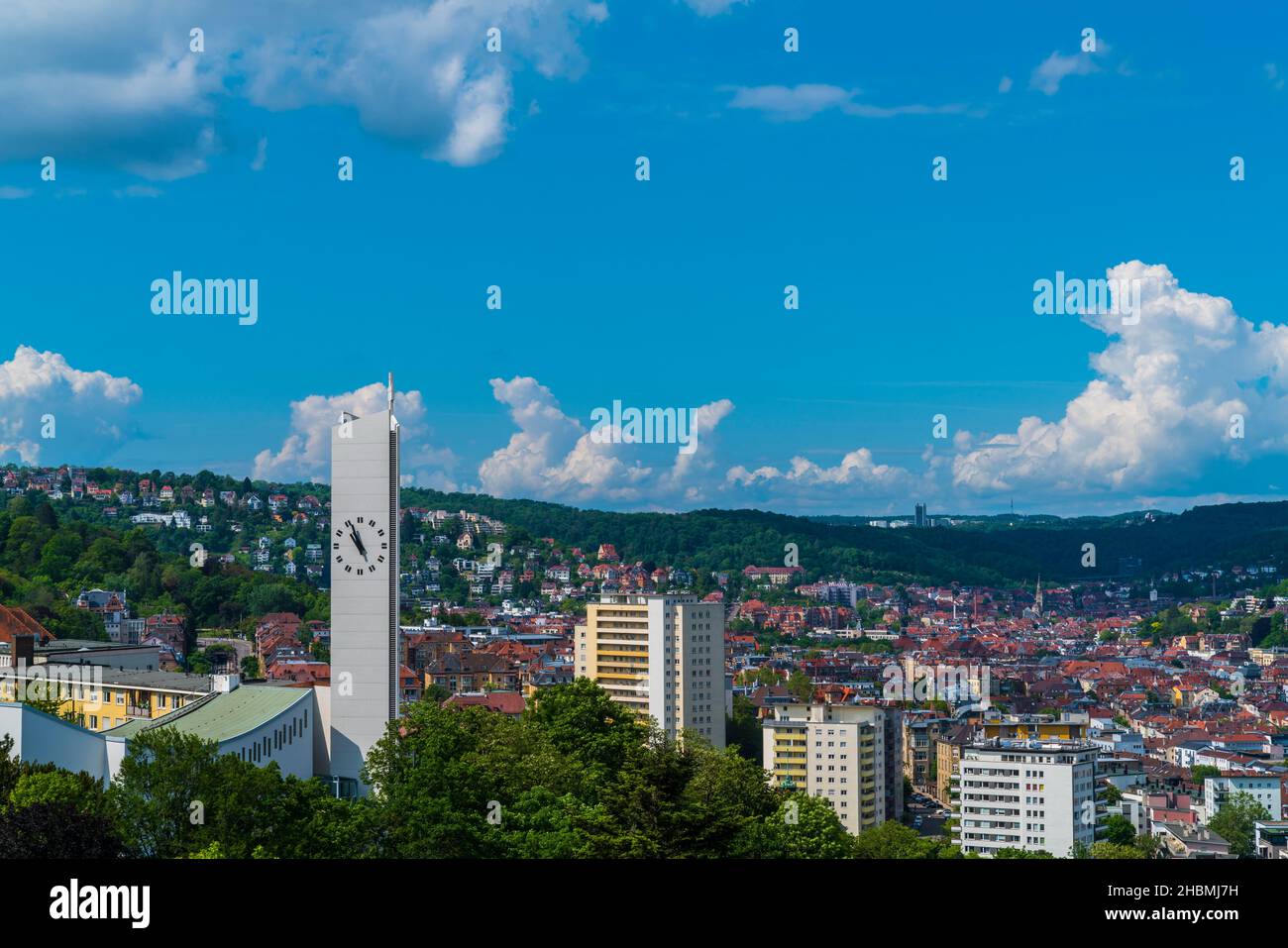 Germany, Panorama view above stuttgart city houses and church steeple ...