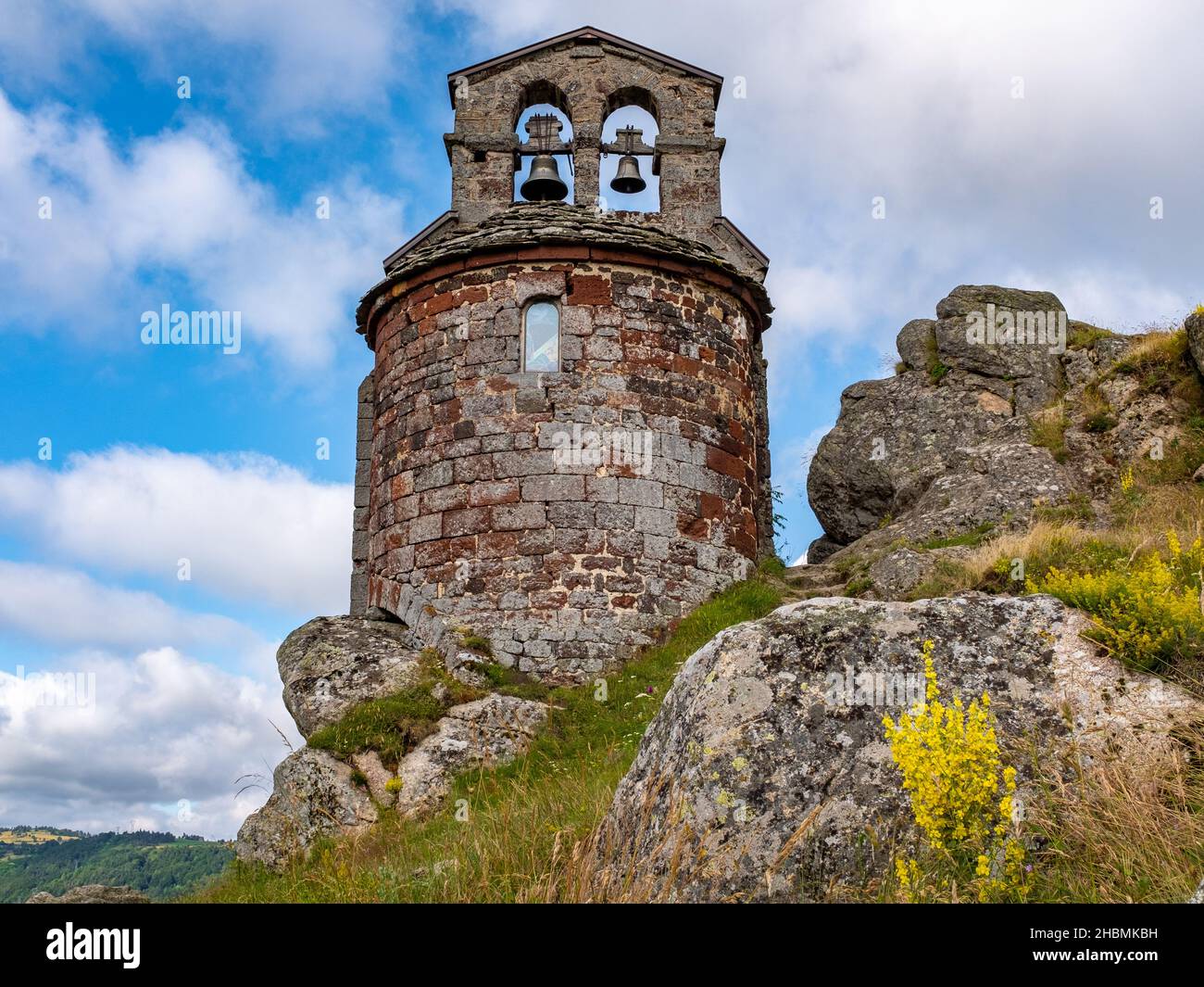 Basaltic stone chapel built on top of a rock formation located along ...