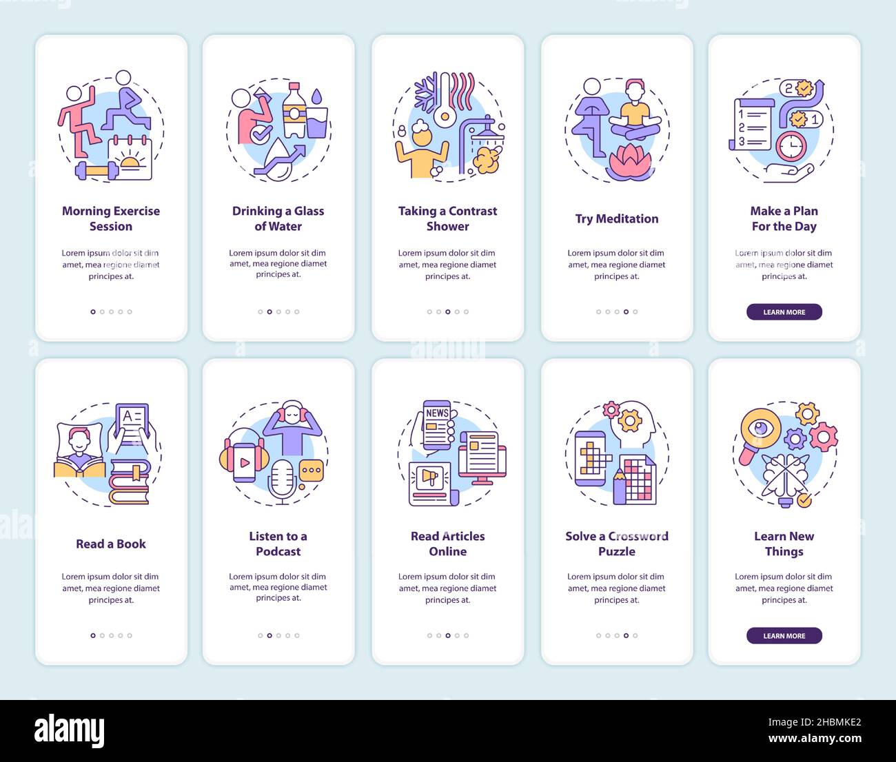 Morning routine onboarding mobile app screen set Stock Vector Image ...
