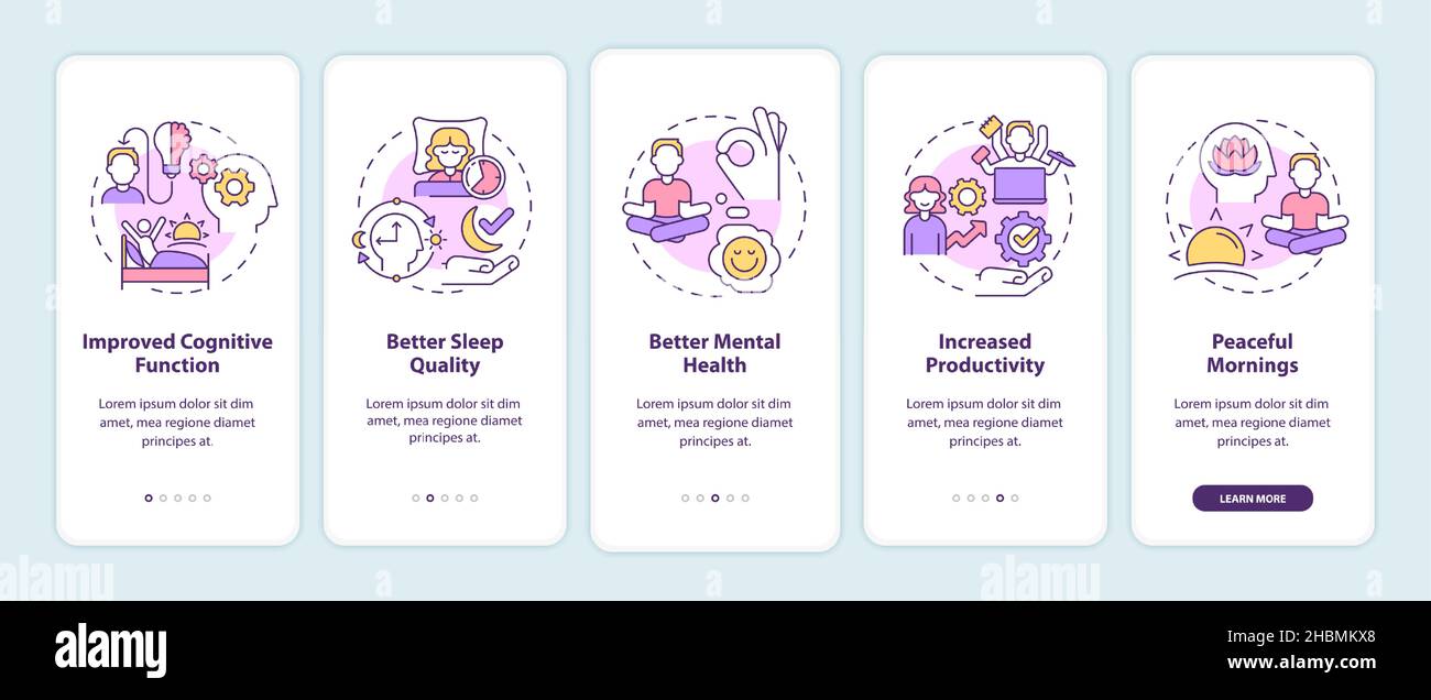 Waking up early benefits onboarding mobile app screen Stock Vector ...