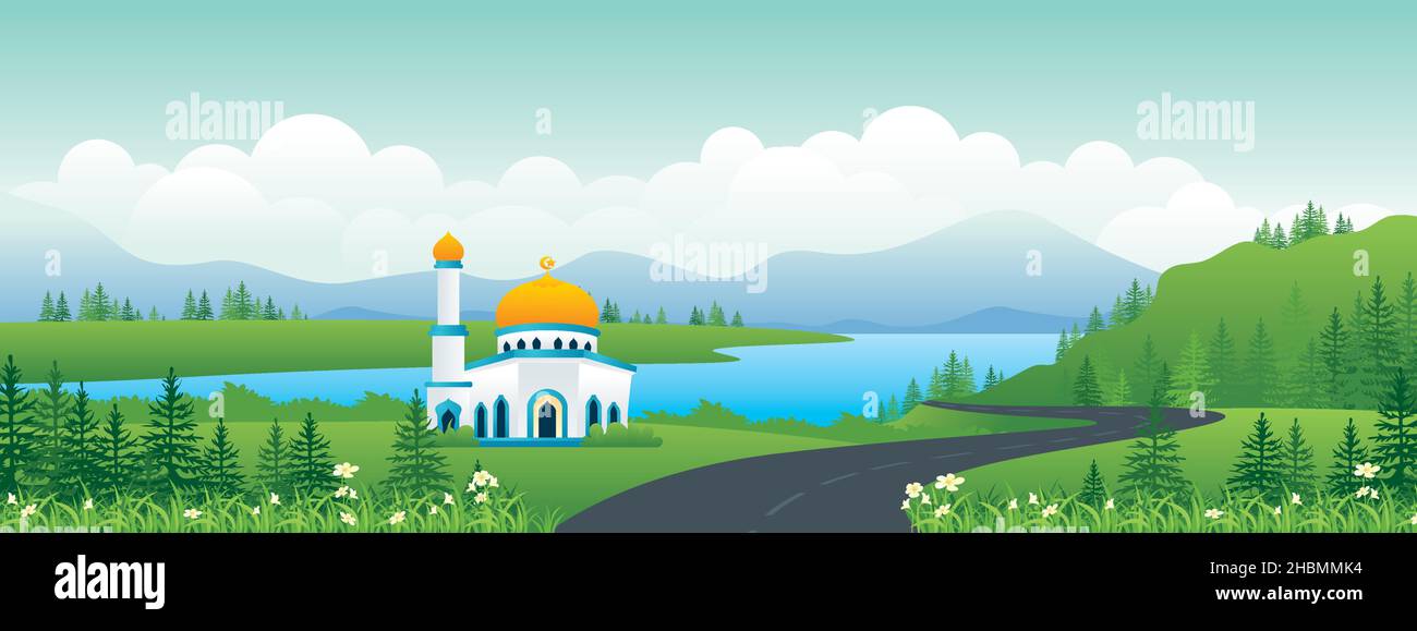 Islamic Panoramic landscape illustration, Ramadan Mubarak natural ...