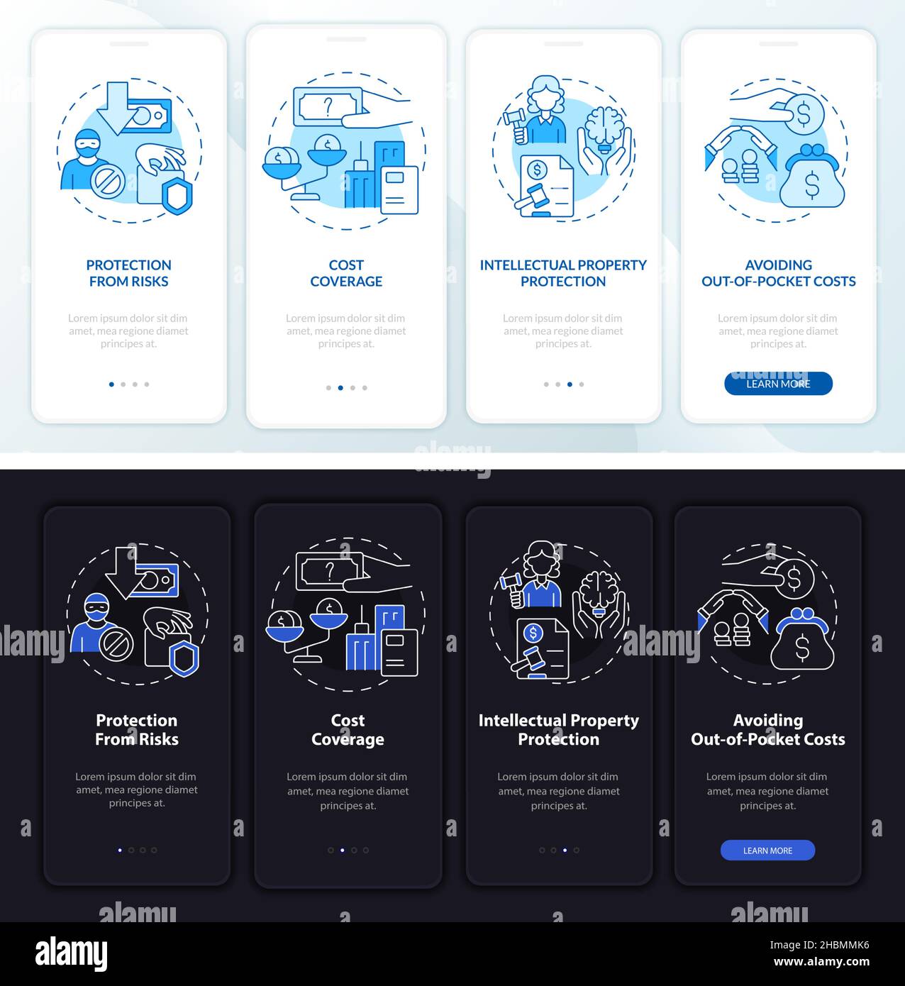 Insurance importance day and night theme onboarding mobile app screen ...
