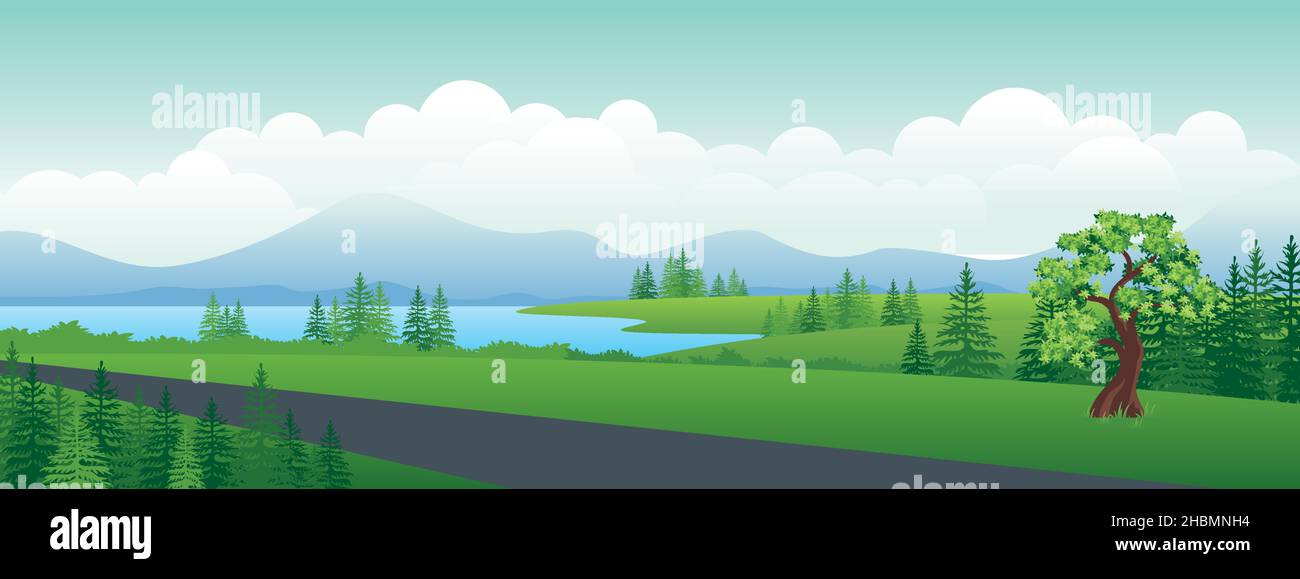 Panoramic mountains landscape cartoon illustration, natural banner ...