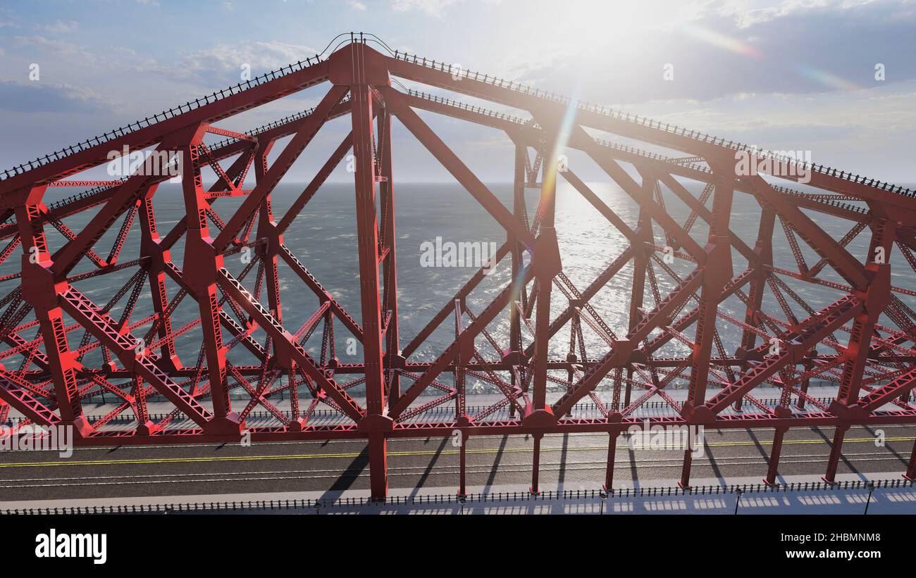 Red bridge with suspension steel structure Stock Photo - Alamy