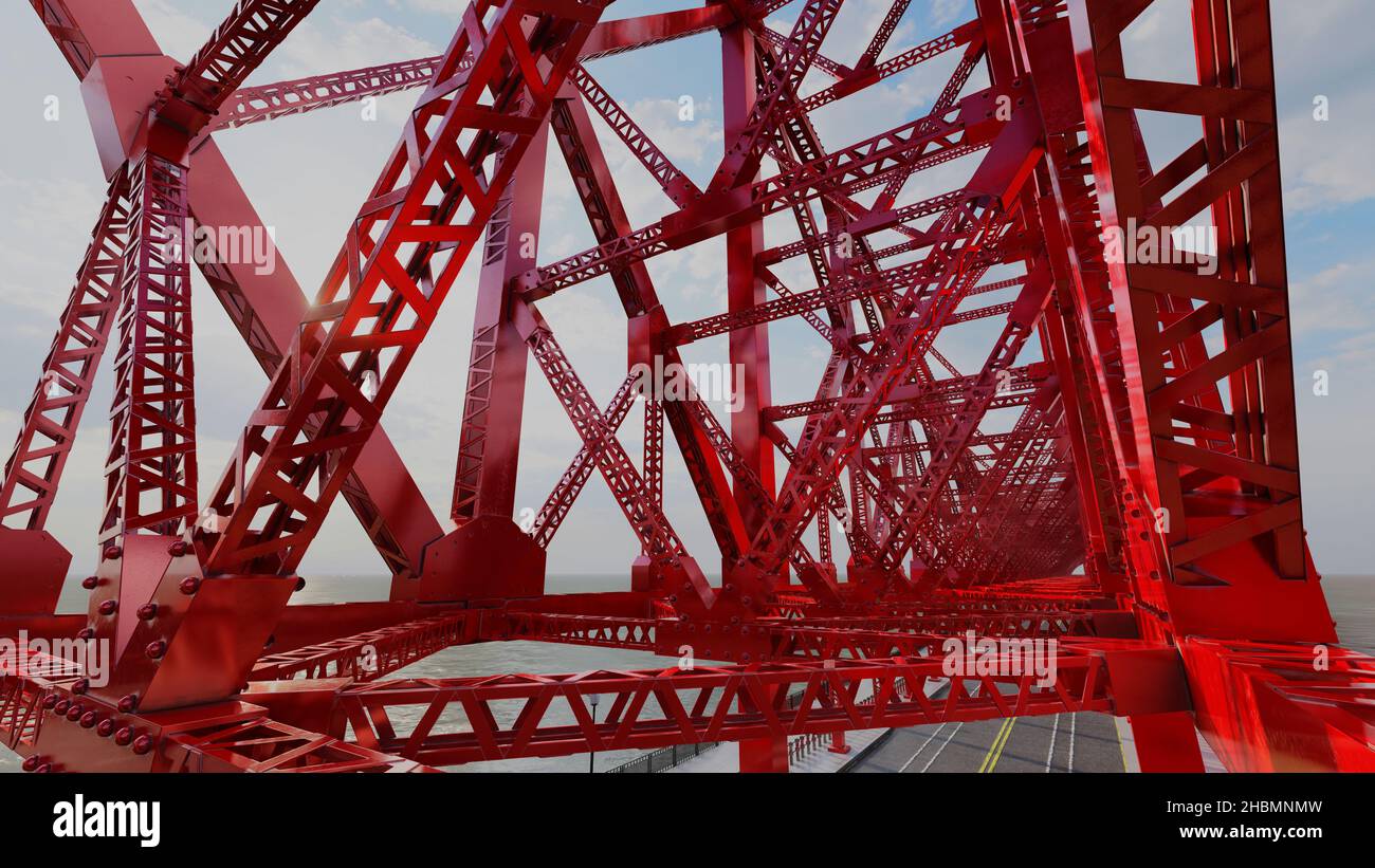 Red bridge with suspension steel structure Stock Photo - Alamy