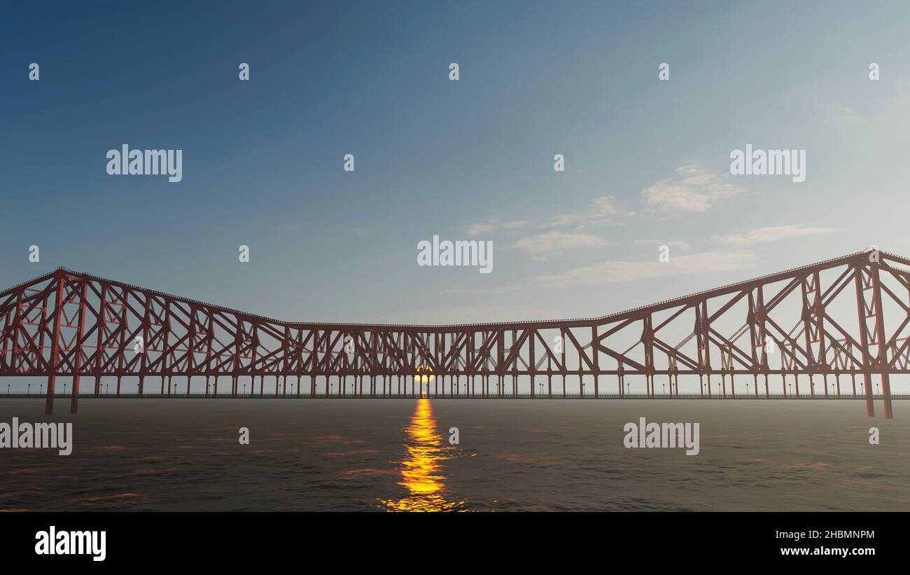 Red bridge with suspension steel structure Stock Photo - Alamy