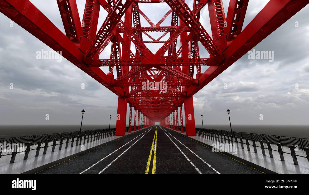 Red bridge with suspension steel structure Stock Photo - Alamy