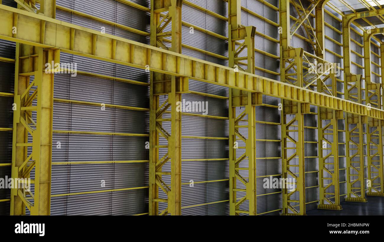Structure and yellow factory shed with details of steel cables and ...