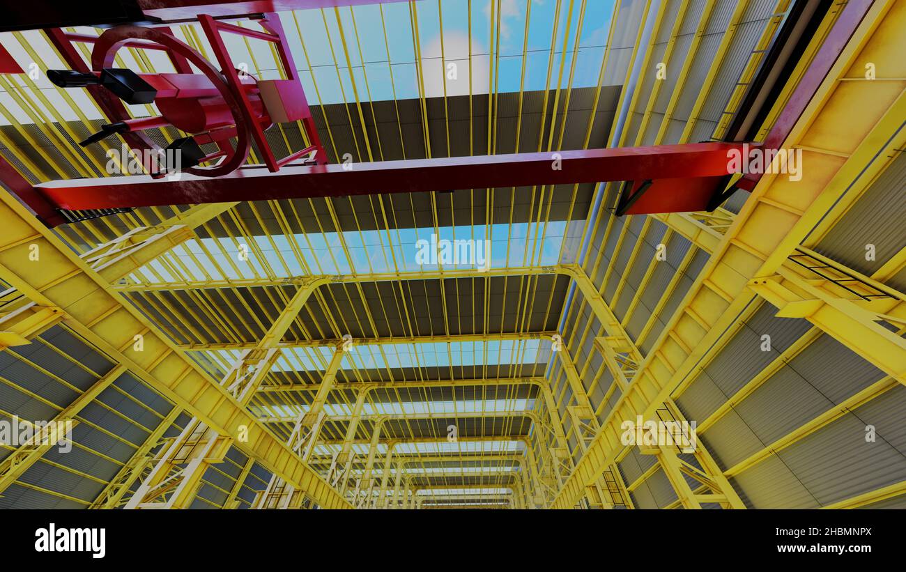 Structure and yellow factory shed with details of steel cables and ...