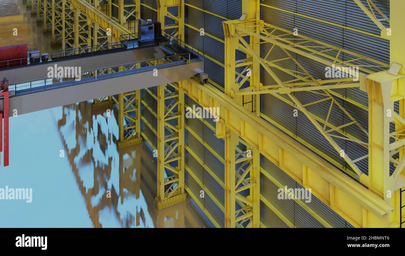 Structure and yellow factory shed with details of steel cables and ...