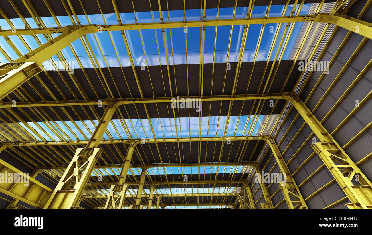 Structure and yellow factory shed with details of steel cables and ...