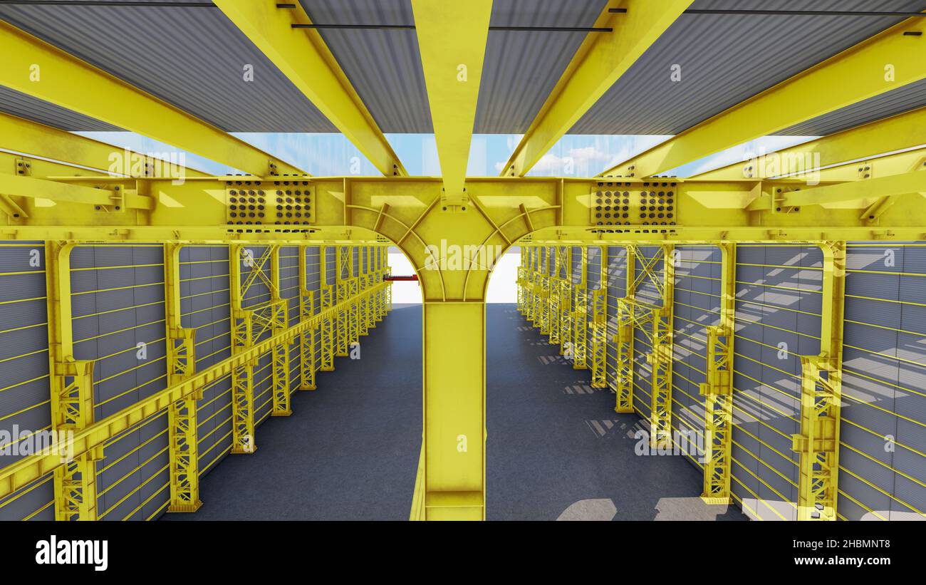 Structure and yellow factory shed with details of steel cables and ...