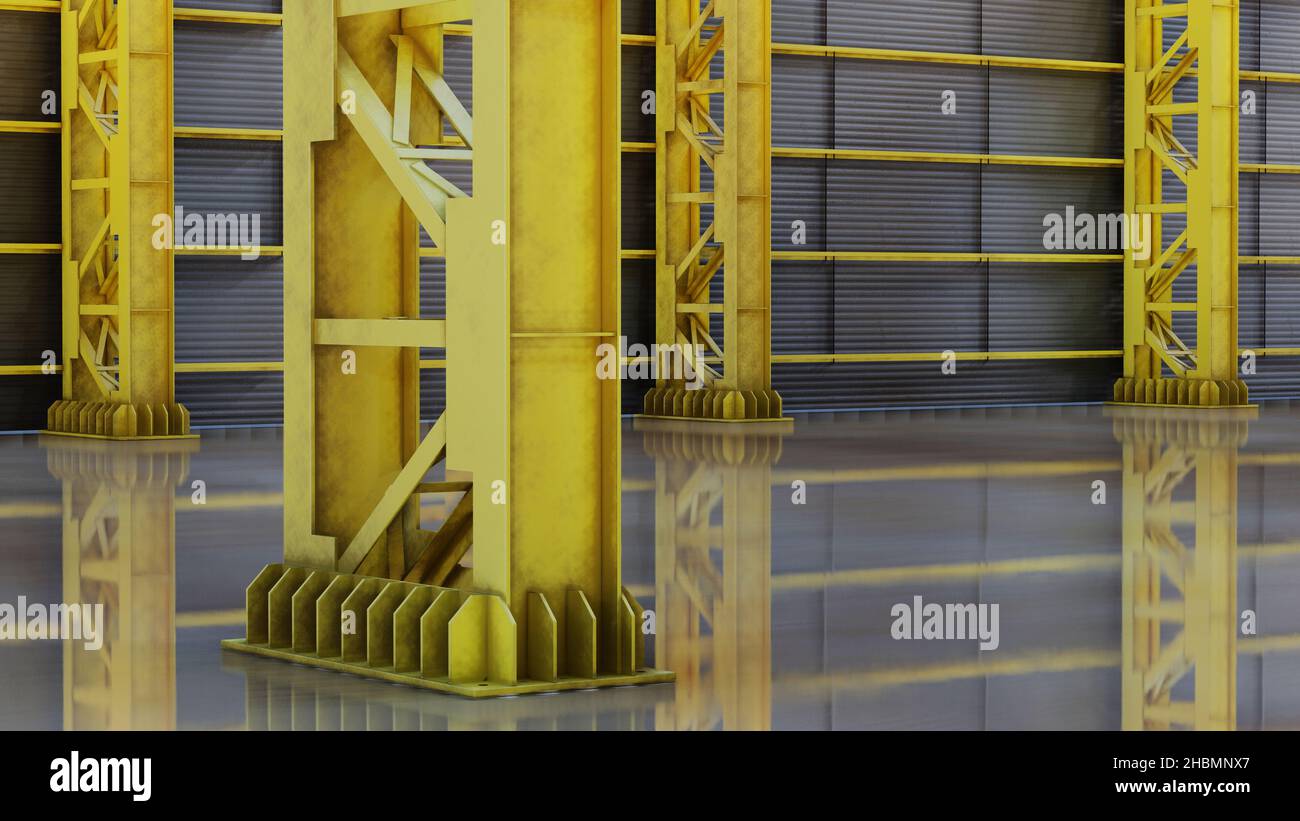 Structure and yellow factory shed with details of steel cables and ...