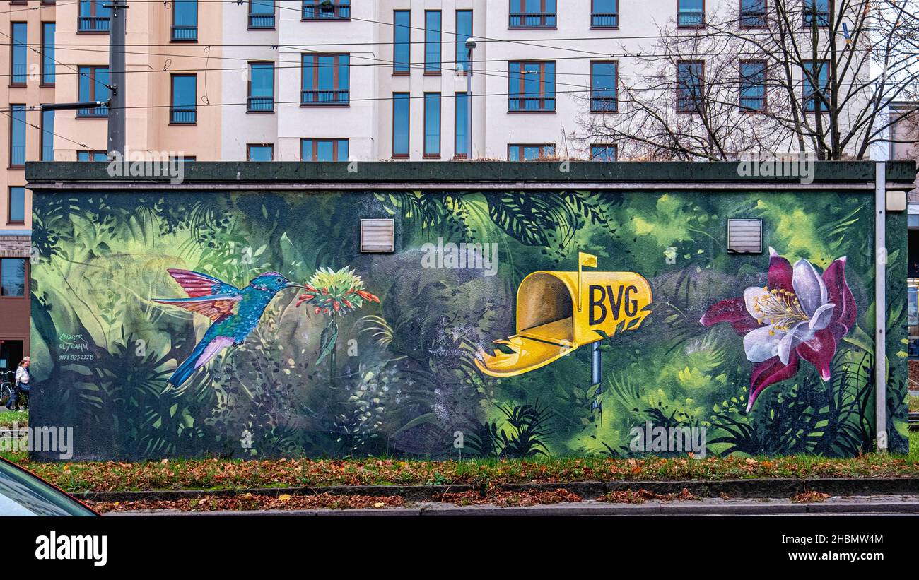 Colourful BVG advertisement next to tram lines in Bornholmer strasse ...