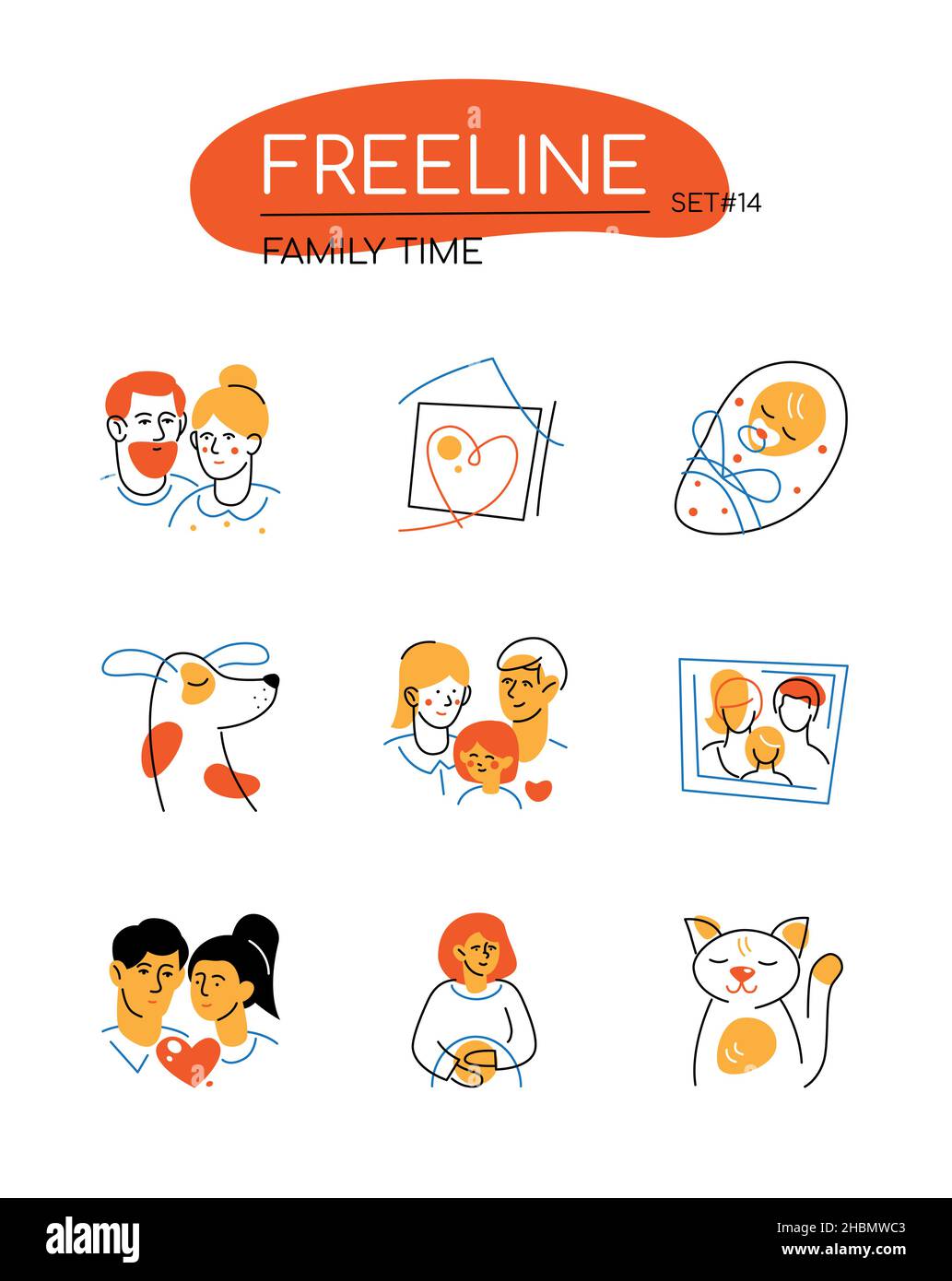 Family time - modern line design style icons set in orange color ...
