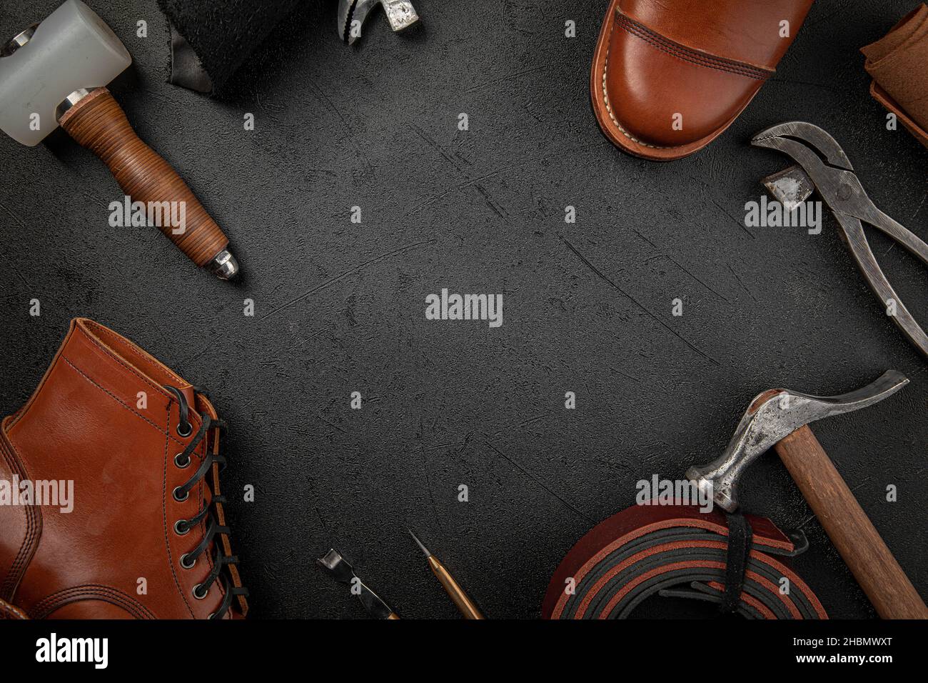Leather cobbler crafting workshop place with tools Stock Photo - Alamy