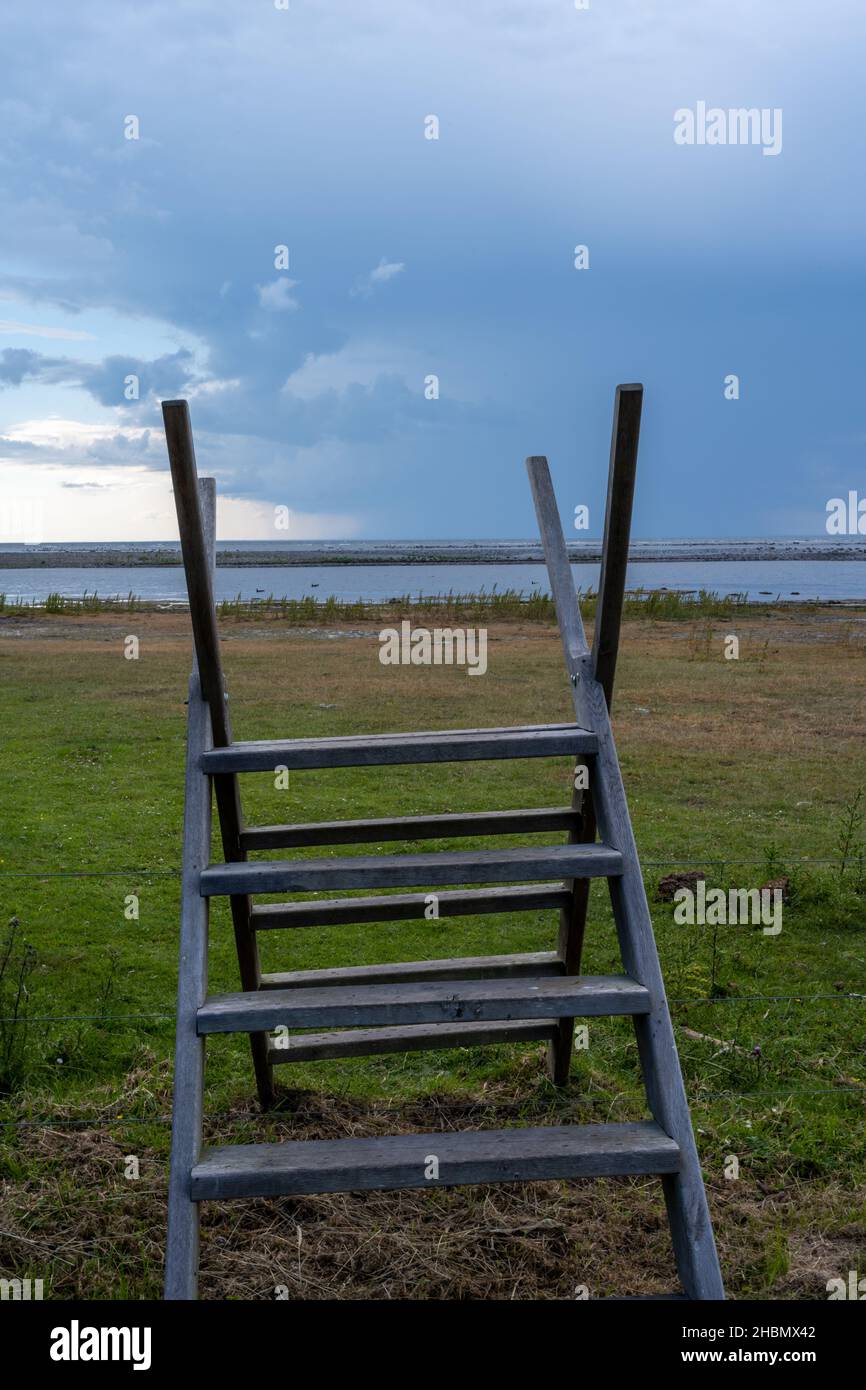 A ladder over a fence in a moor landscape. Picture from the Baltic Sea ...