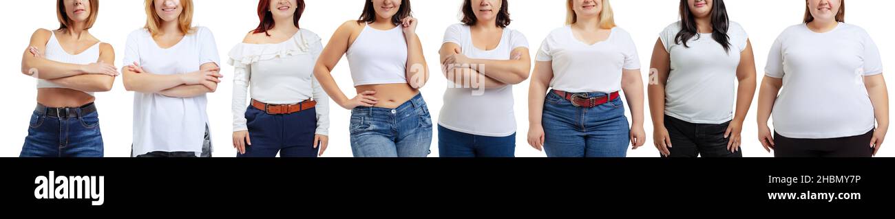 Set of 8 cropped portraits of female model in casual clothes style ...