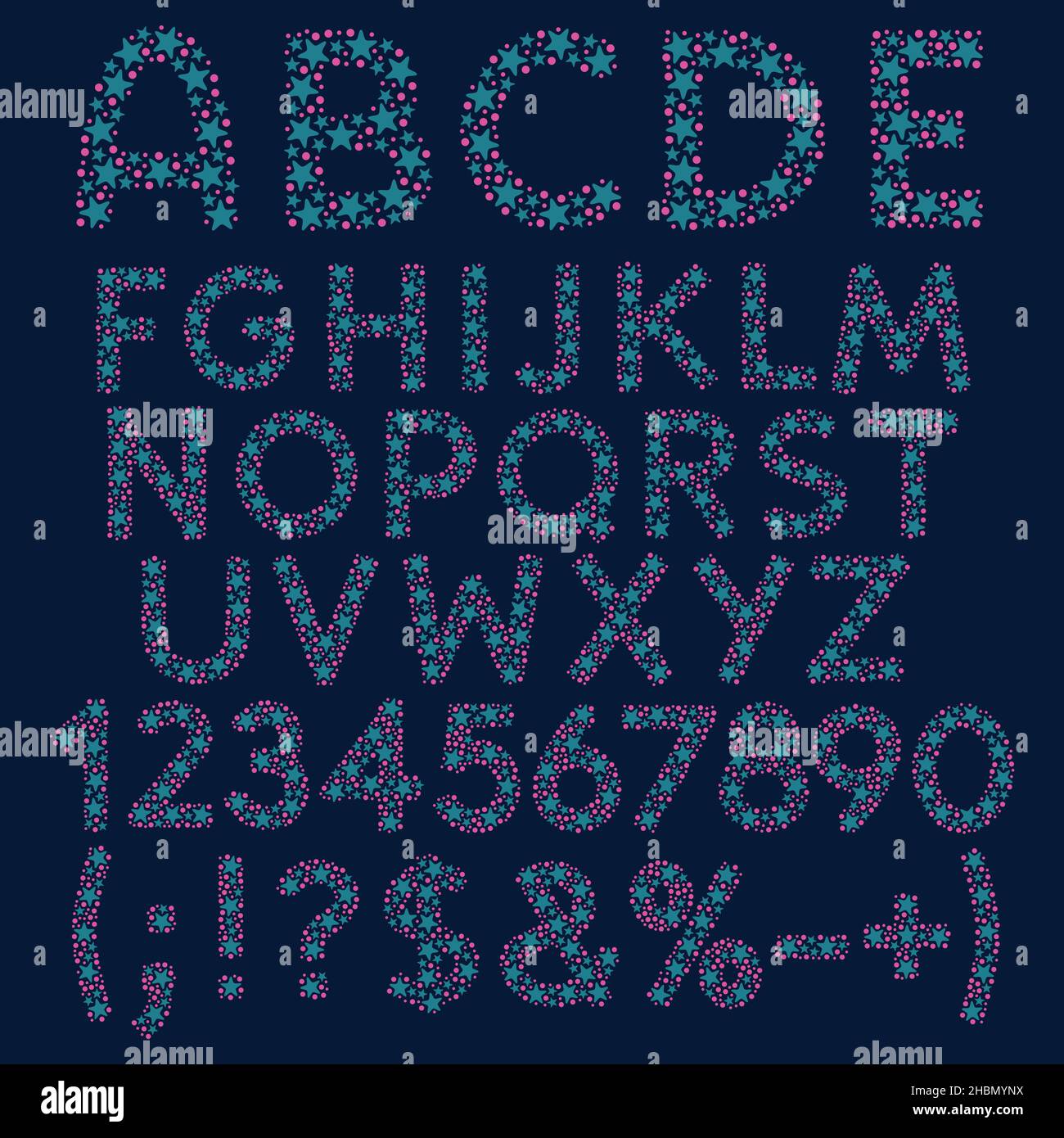 Alphabet, letters, numbers and signs from blue stars and pink circles ...