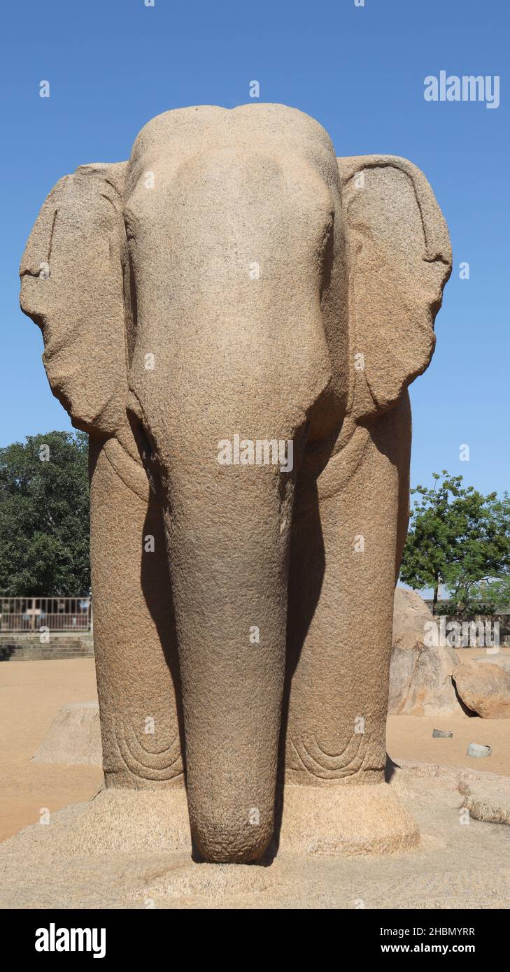 Stone sculpture of an elephant carved in a single rock. In the middle ...