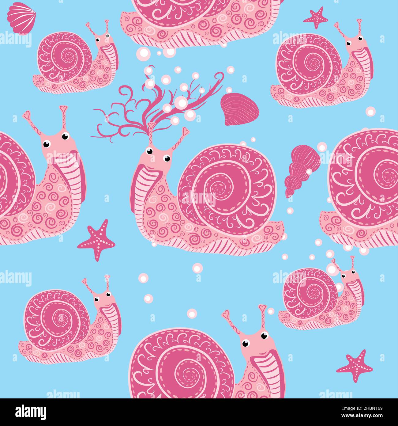 Snail pink, sea inhabitants seamless pattern, beautiful character among ...