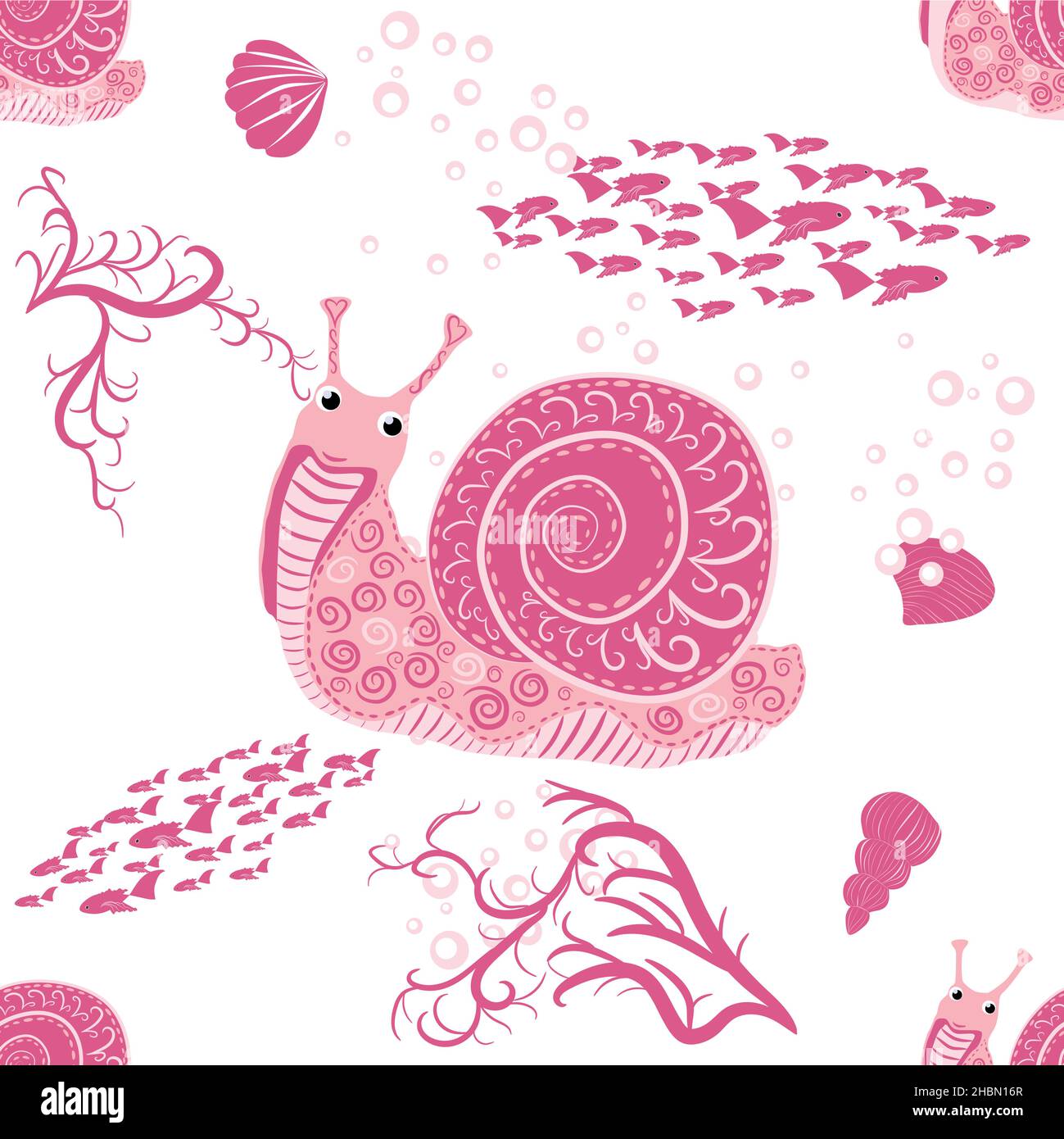 Snail pink, sea inhabitants seamless pattern, beautiful character among ...