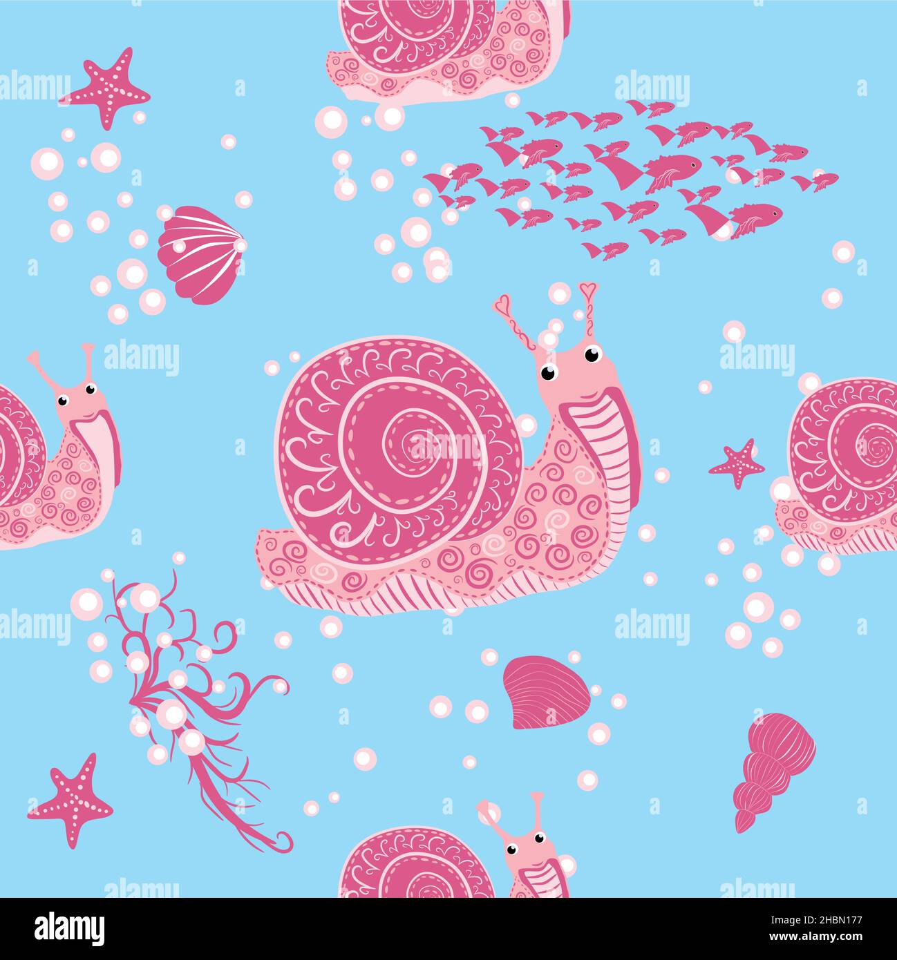 Snail pink, sea inhabitants seamless pattern, beautiful character among ...