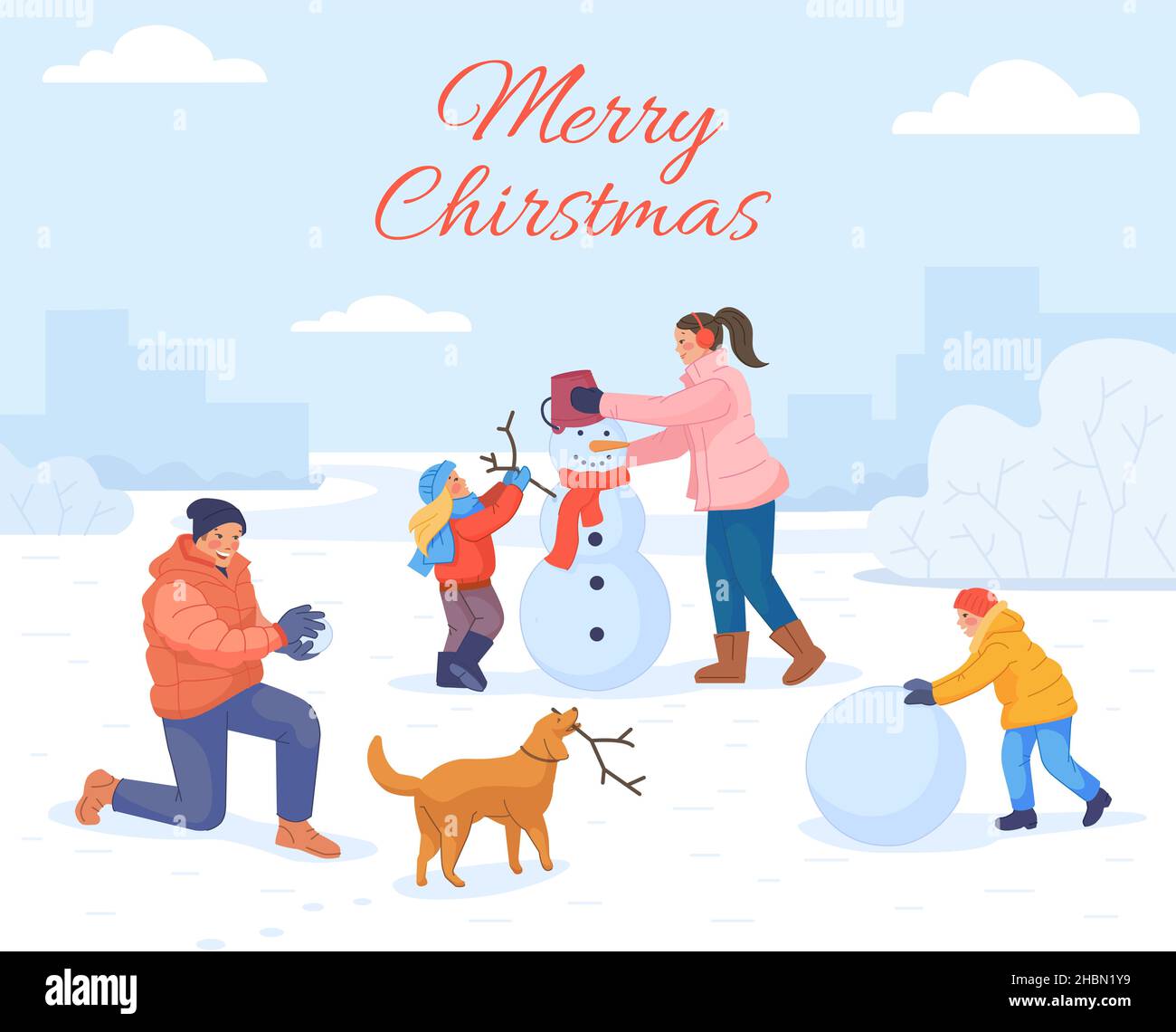 Family making snowman. Winter play people build christmas snow man ...