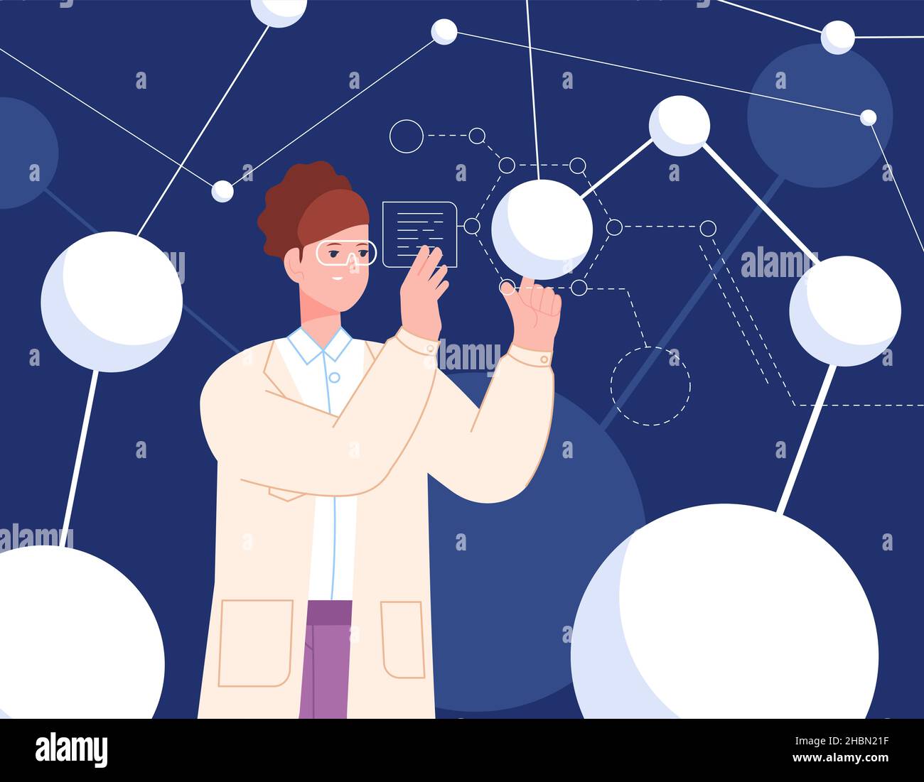 Woman scientist with neuron. Scientist girl touching scientific neural ...