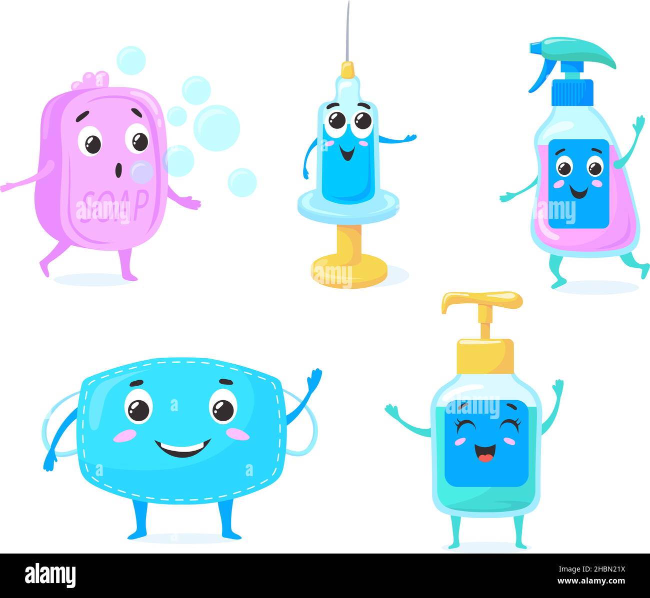 Cute sanitizer bottles. Cartoon antiseptic spray, funny syringe corona ...