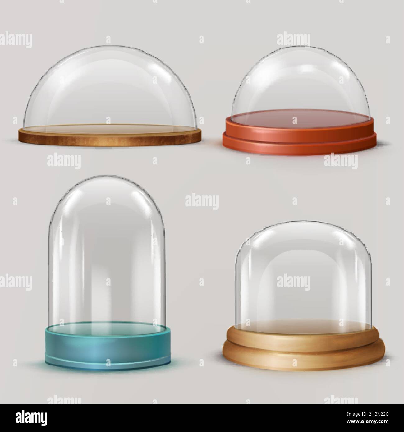 Realistic glass dome. 3d sphere hemisphere globe in wooden plastic tray ...
