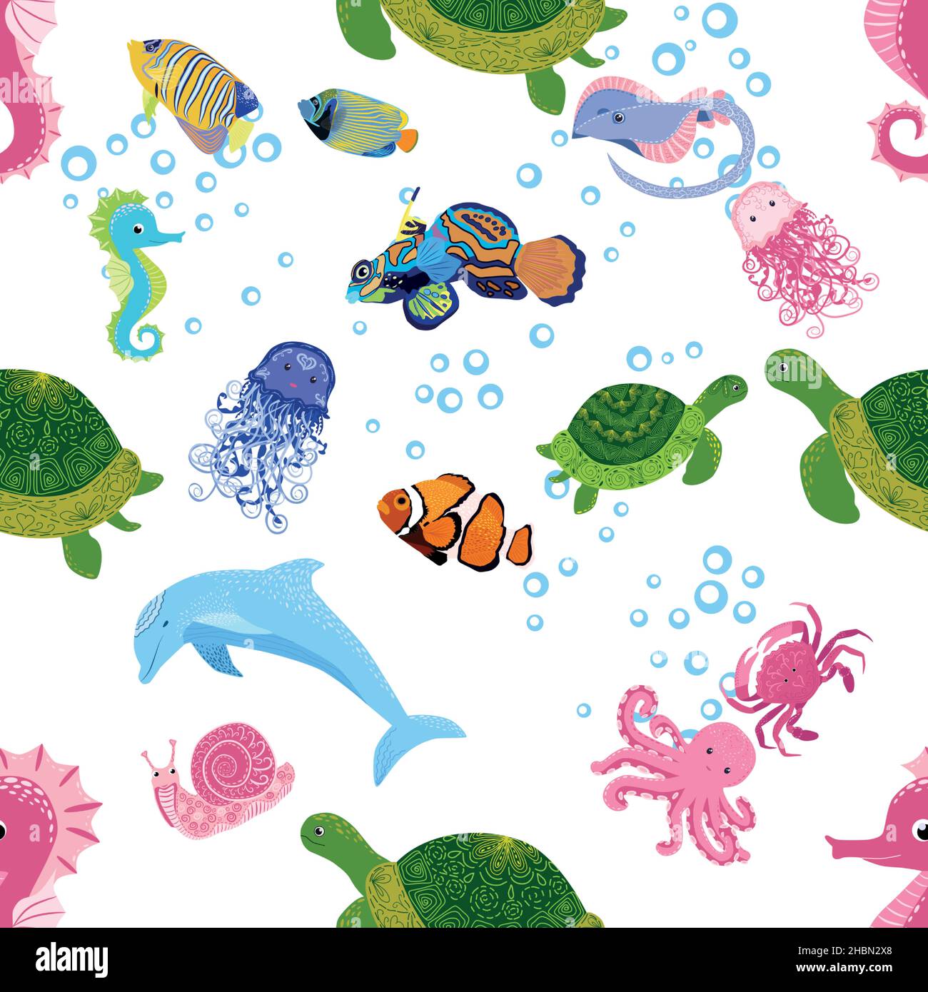 Marine life, fish, animals bright seamless pattern. sea travel ...