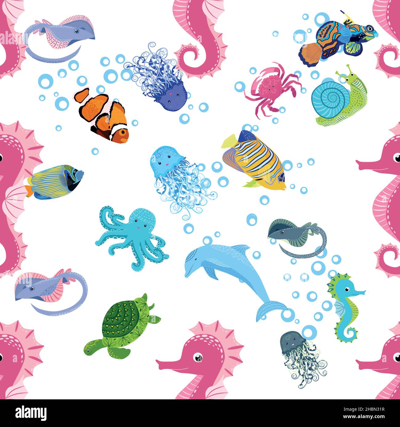 Marine life, fish, animals bright seamless pattern. sea travel ...