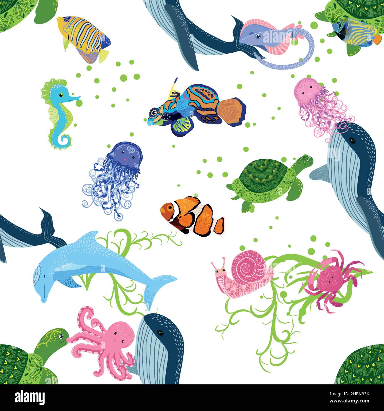 Marine life, fish, animals bright seamless pattern. sea travel ...