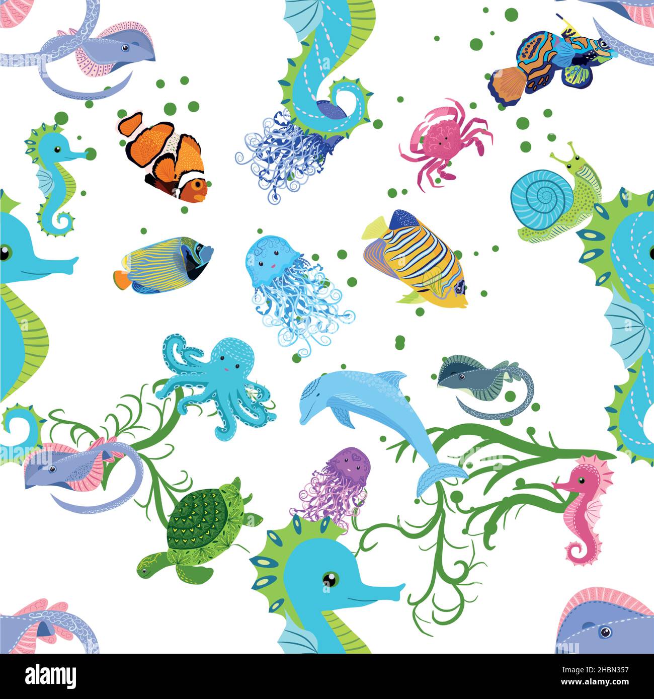Marine life, fish, animals bright seamless pattern. sea travel ...