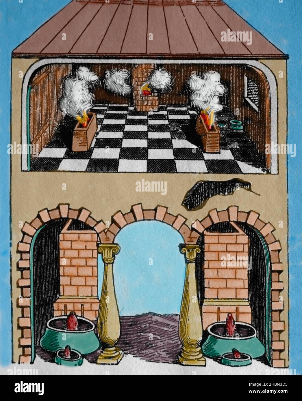 Furnaces and variaus apparatus of the Middle Ages. Engraving Stock ...