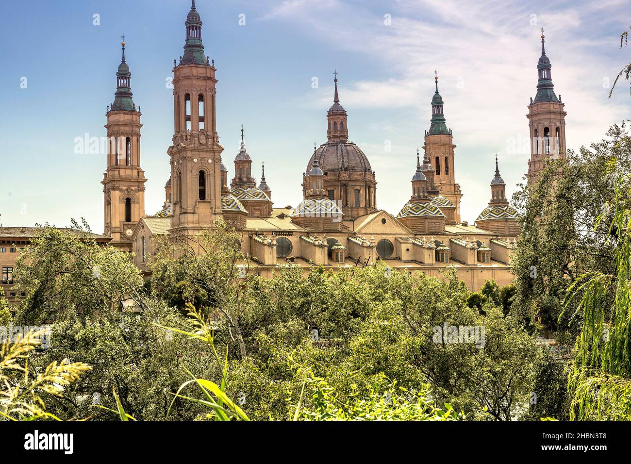 Zaragoza - The Basilica del Pilar over the Ebro river in the morning ...