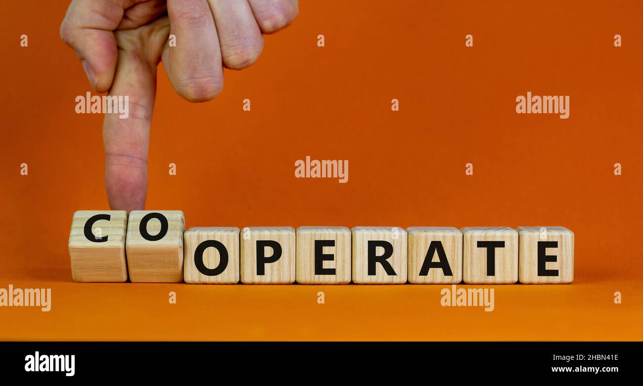 Operate and cooperate symbol. Businessman turns wooden cubes and ...