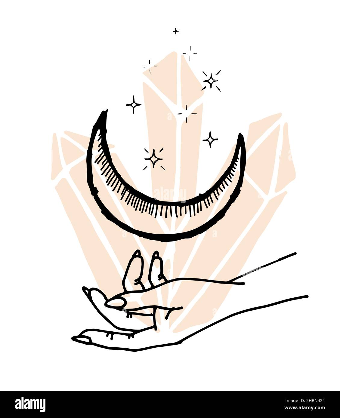 Crystal and stars with spirituality moon. Hand drawn astrology crescent ...