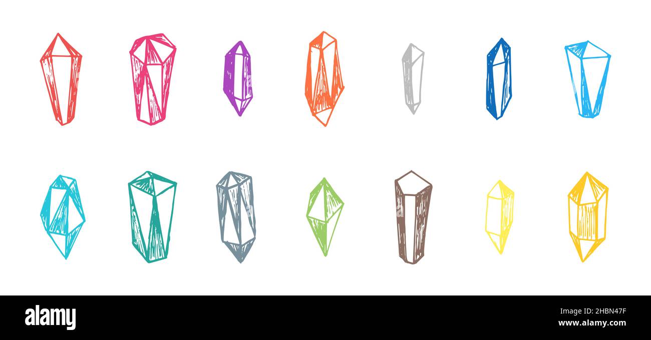 Crystal minerals linear colored hand drawn icon set. Colorful line ...