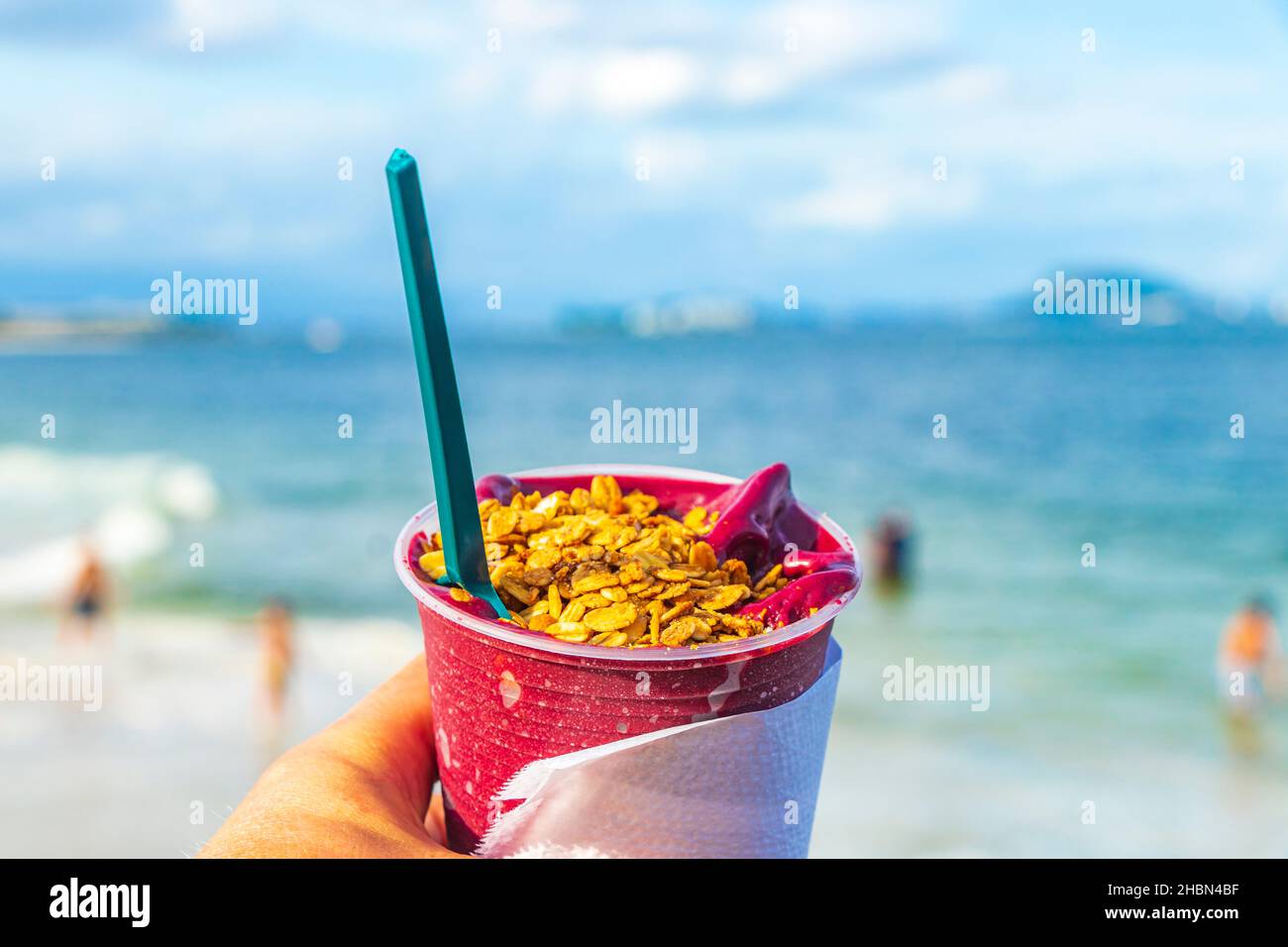 Brazilian superfood berry açaí in a mug as ice at Guanabara Bay ...