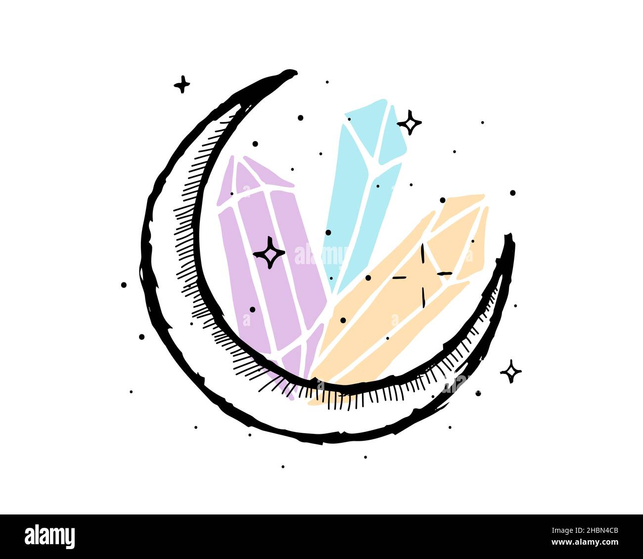 Crystal and stars with spirituality moon. Hand drawn astrology crescent ...