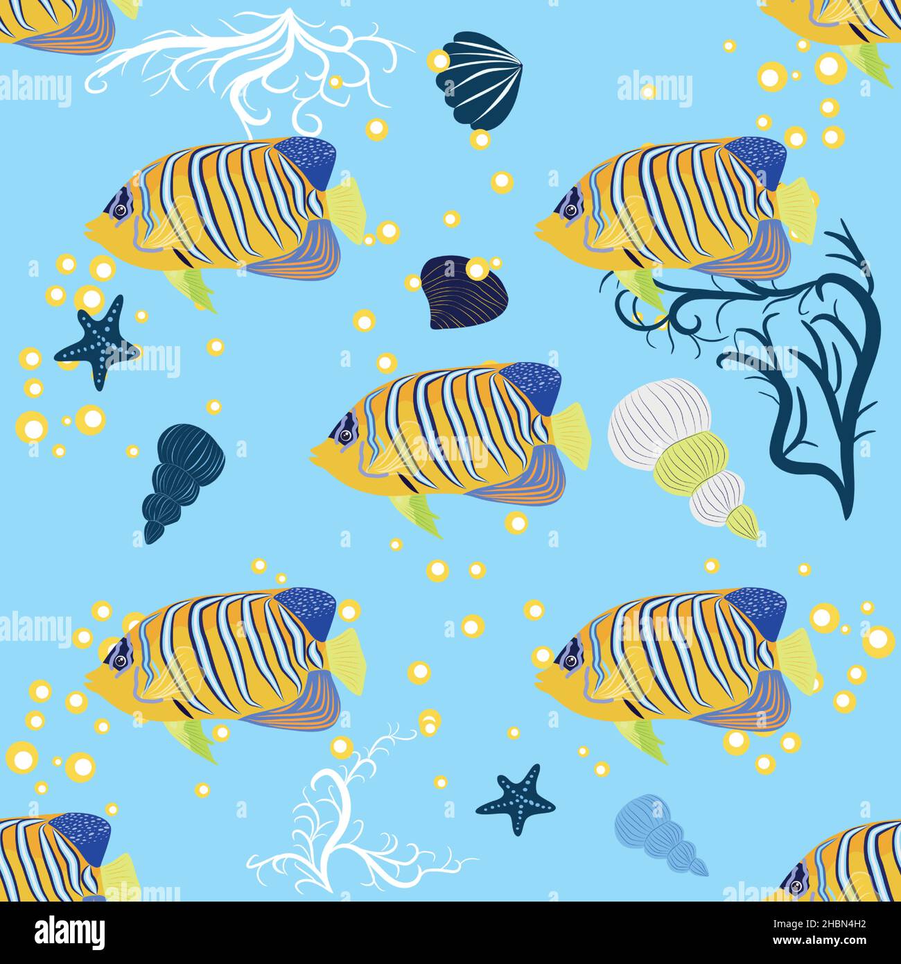 Emperor angelfish, Pomacanthus imperator seamless patterns, sea animal ...