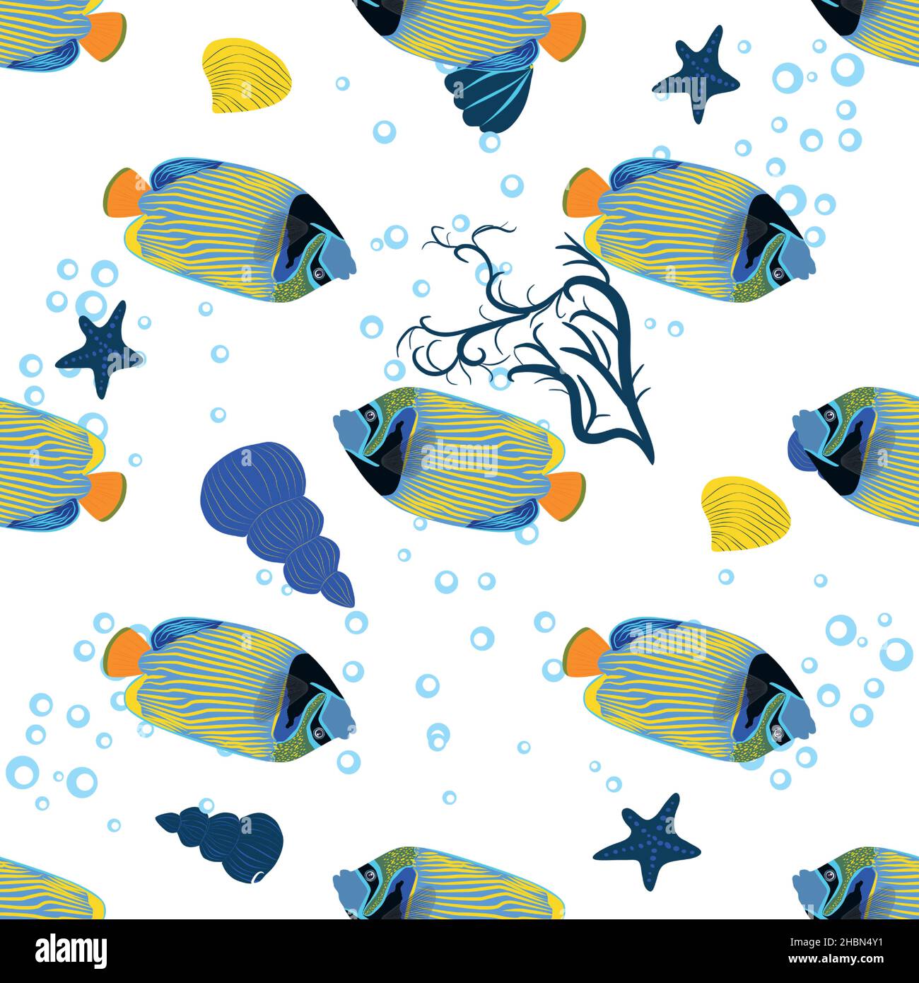 Emperor angelfish, Pomacanthus imperator seamless patterns, sea animal ...