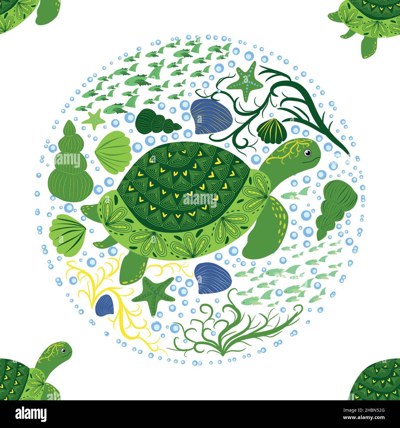Turtle green seamless pattern, beautiful character among seashells ...