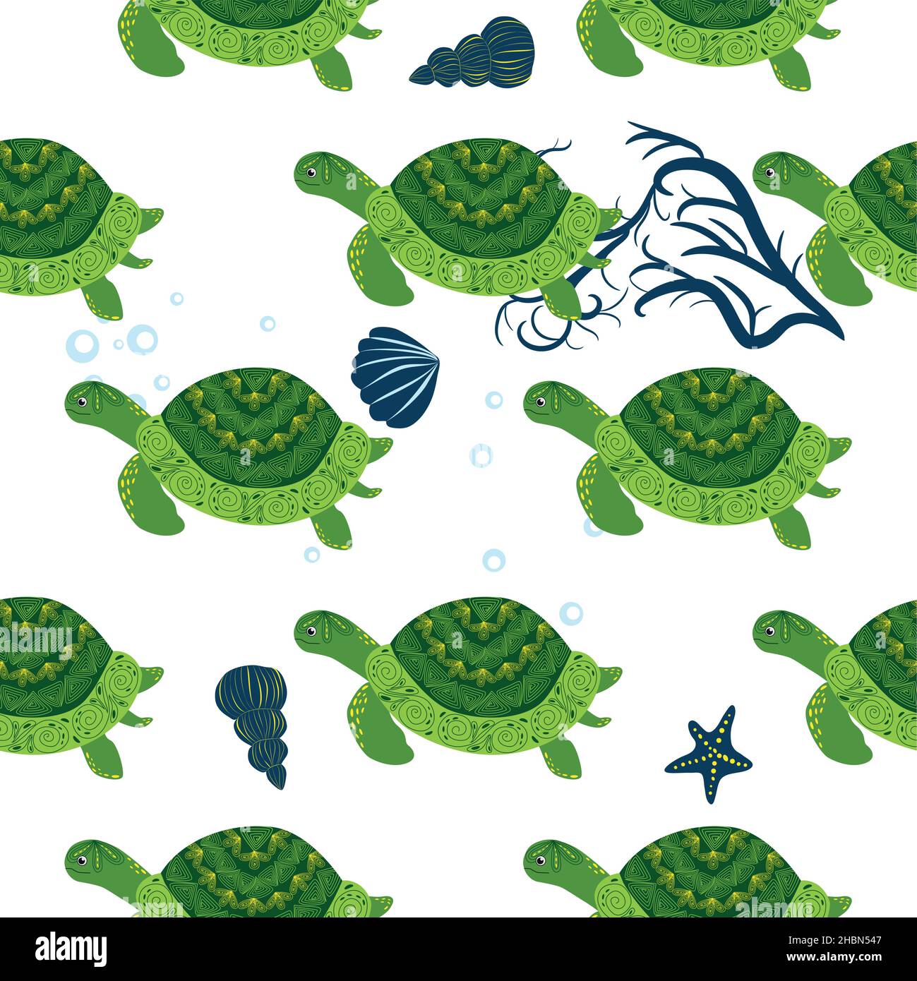 Turtle green seamless pattern, beautiful character among seashells ...