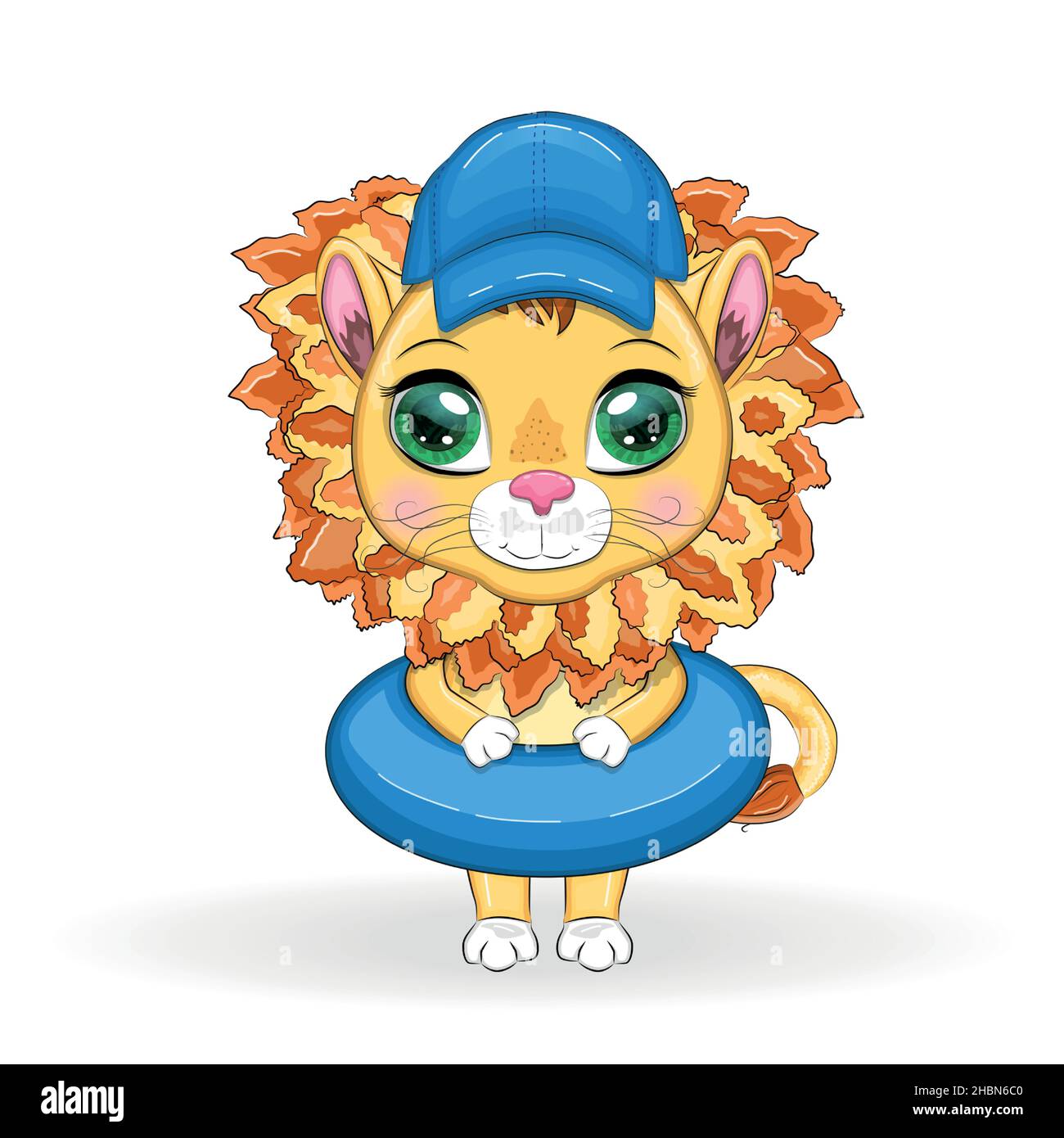 Cartoon lion in flippers, swimming circle, hat, glasses. Character with ...